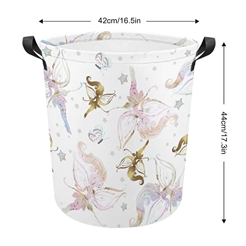 HoaMoya Collapsible Watercolor Butterfly Laundry Basket Cute Fairies Freestanding Laundry Hamper With Handles Large Waterproof Cloth Toy Storage Bin for Household Bedroom Bathroom