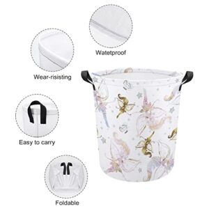 HoaMoya Collapsible Watercolor Butterfly Laundry Basket Cute Fairies Freestanding Laundry Hamper With Handles Large Waterproof Cloth Toy Storage Bin for Household Bedroom Bathroom