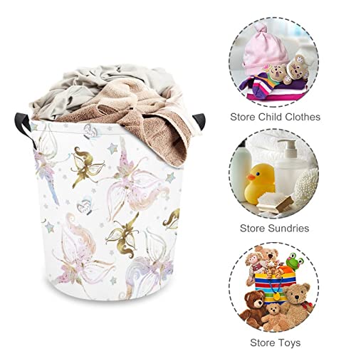 HoaMoya Collapsible Watercolor Butterfly Laundry Basket Cute Fairies Freestanding Laundry Hamper With Handles Large Waterproof Cloth Toy Storage Bin for Household Bedroom Bathroom