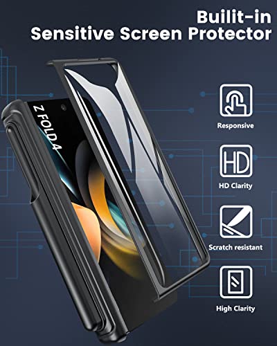 Viaotaily for Galaxy Z Fold 4 Case with S Pen Holder & Card Holder & Hinge Protection, Built-in Screen Protector & Slide Camera Cover, Durable Wallet Phone Case for Samsung Z Fold 4 5G 2022 (Black)