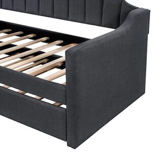 Flieks Upholstered Daybed with Trundle, Solid Wood Sofa Bed Frame, Swooping Arms and Curved Back Design, No Box Spring Needed, Black