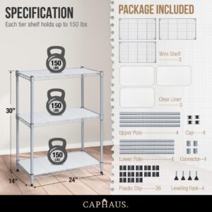 caphaus nsf adjustable shelves metal wire shelving unit w/liners, kitchen storage shelving, metal steel storage shelving, garage shelving storage organizer, utility shelf, 3-tier no wheels, silver