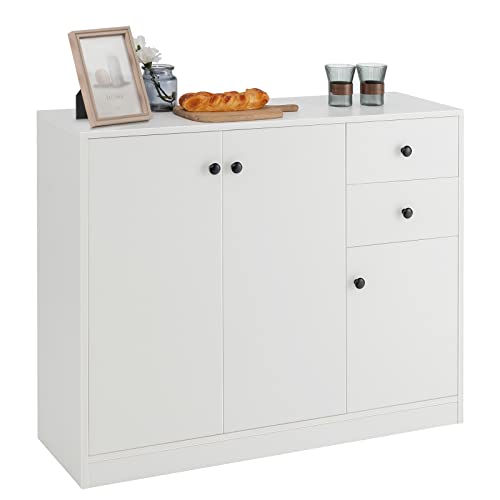 LOKO Modern White Buffet Cabinet, Kitchen Storage Cabinet with 2 Drawers, 3-Door Cabinets & Adjustable Shelf, Pantry Cupboard Sideboard for Varied Scenes, 42 x 13.5 x 33.5 inches