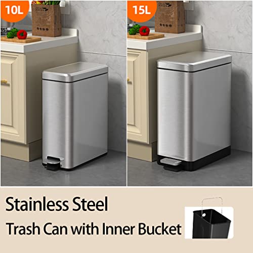 Aupekro 4 Gallon Trash Can with Lid Soft Close, Stainless Steel Step Garbage Can, Rectangular Slim Garbage Container Bin with Inner Bucket for Bathroom, Kitchen, Office(4 Gallon)