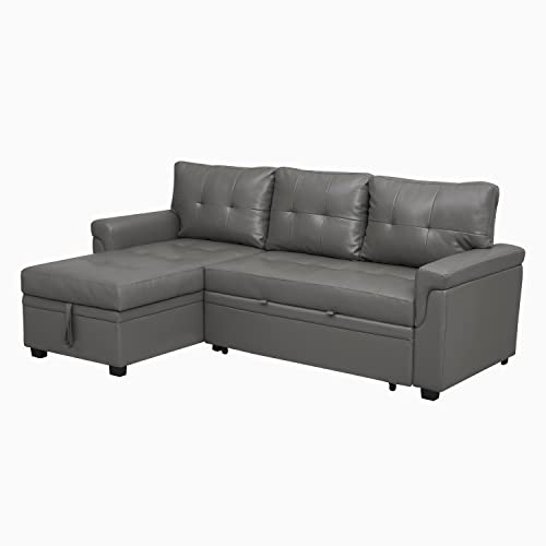 Naomi Home Jenny Sectional Sleeper Sofa - Elegant L-Shaped Couch Convertible Pull-Out Bed, Ample Storage, Timeless Design, Sturdy Construction, Long-Lasting for Modern Living, Air Leather, Gray