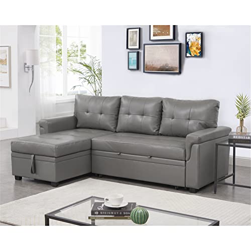 Naomi Home Jenny Sectional Sleeper Sofa - Elegant L-Shaped Couch Convertible Pull-Out Bed, Ample Storage, Timeless Design, Sturdy Construction, Long-Lasting for Modern Living, Air Leather, Gray