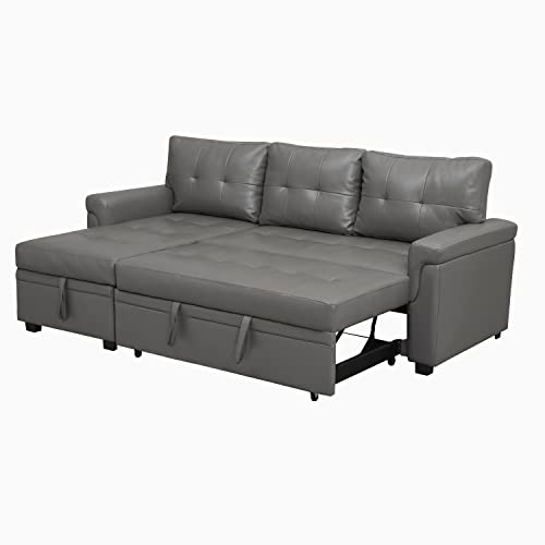 Naomi Home Jenny Sectional Sleeper Sofa - Elegant L-Shaped Couch Convertible Pull-Out Bed, Ample Storage, Timeless Design, Sturdy Construction, Long-Lasting for Modern Living, Air Leather, Gray