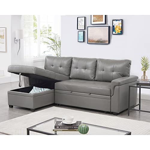 Naomi Home Jenny Sectional Sleeper Sofa - Elegant L-Shaped Couch Convertible Pull-Out Bed, Ample Storage, Timeless Design, Sturdy Construction, Long-Lasting for Modern Living, Air Leather, Gray