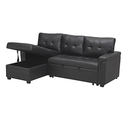 Naomi Home Jenny Sectional Sleeper Sofa - Elegant L-Shaped Couch Convertible Pull-Out Bed, Ample Storage, Timeless Design, Sturdy Construction, Long-Lasting for Modern Living, Air Leather, Black