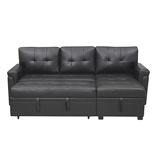 Naomi Home Jenny Sectional Sleeper Sofa - Elegant L-Shaped Couch Convertible Pull-Out Bed, Ample Storage, Timeless Design, Sturdy Construction, Long-Lasting for Modern Living, Air Leather, Black