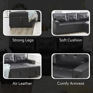 Naomi Home Jenny Sectional Sleeper Sofa - Elegant L-Shaped Couch Convertible Pull-Out Bed, Ample Storage, Timeless Design, Sturdy Construction, Long-Lasting for Modern Living, Air Leather, Black