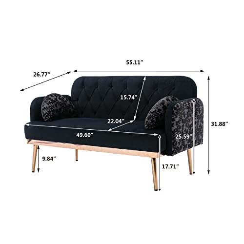 Modern Velvet Accent Sofa, 55" Upholstered Loveseat Sofa Couch with Button Tufted Backrest, Loveseat Accent Sofa with Elegant Pillows and Golden Metal Legs for Living Room Bedroom Office, Black