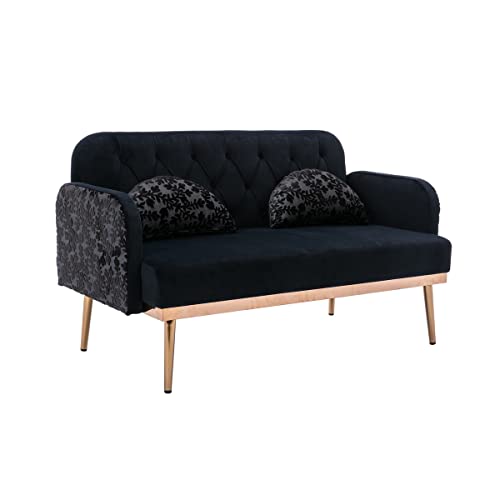 Modern Velvet Accent Sofa, 55" Upholstered Loveseat Sofa Couch with Button Tufted Backrest, Loveseat Accent Sofa with Elegant Pillows and Golden Metal Legs for Living Room Bedroom Office, Black