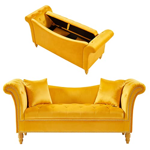 Betoko Velvet Loveseat Sofas Couches with Storage Seat Flared Rolled Arm 2 Seater Sofa for Living Room Bedroom Button Tufted Small Couch with Solid Wood Legs (Yellow)