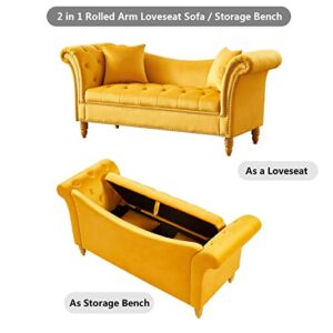 Betoko Velvet Loveseat Sofas Couches with Storage Seat Flared Rolled Arm 2 Seater Sofa for Living Room Bedroom Button Tufted Small Couch with Solid Wood Legs (Yellow)