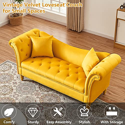 Betoko Velvet Loveseat Sofas Couches with Storage Seat Flared Rolled Arm 2 Seater Sofa for Living Room Bedroom Button Tufted Small Couch with Solid Wood Legs (Yellow)