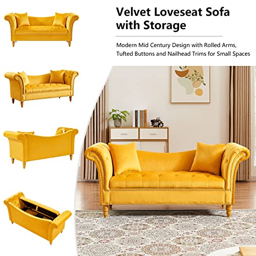 Betoko Velvet Loveseat Sofas Couches with Storage Seat Flared Rolled Arm 2 Seater Sofa for Living Room Bedroom Button Tufted Small Couch with Solid Wood Legs (Yellow)