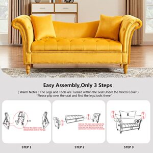 Betoko Velvet Loveseat Sofas Couches with Storage Seat Flared Rolled Arm 2 Seater Sofa for Living Room Bedroom Button Tufted Small Couch with Solid Wood Legs (Yellow)