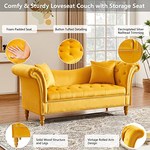 Betoko Velvet Loveseat Sofas Couches with Storage Seat Flared Rolled Arm 2 Seater Sofa for Living Room Bedroom Button Tufted Small Couch with Solid Wood Legs (Yellow)