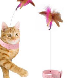 KOTYA Cat Teasing Wand Silicone Collar Hands Free Toy with Bell and Feathers (Flamingo Pink)