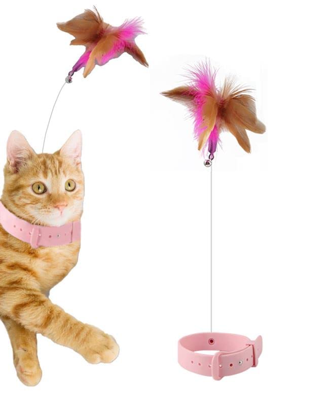 KOTYA Cat Teasing Wand Silicone Collar Hands Free Toy with Bell and Feathers (Flamingo Pink)