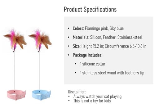 KOTYA Cat Teasing Wand Silicone Collar Hands Free Toy with Bell and Feathers (Flamingo Pink)