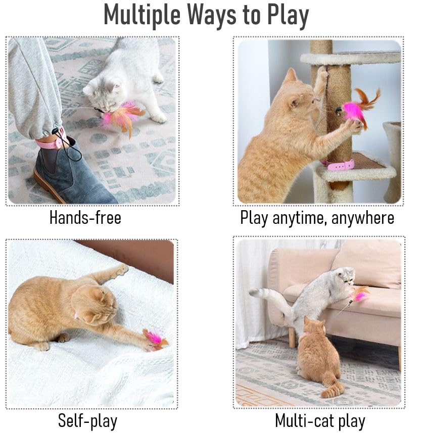 KOTYA Cat Teasing Wand Silicone Collar Hands Free Toy with Bell and Feathers (Flamingo Pink)