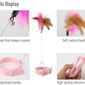 KOTYA Cat Teasing Wand Silicone Collar Hands Free Toy with Bell and Feathers (Flamingo Pink)