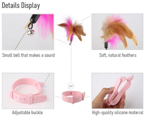 KOTYA Cat Teasing Wand Silicone Collar Hands Free Toy with Bell and Feathers (Flamingo Pink)