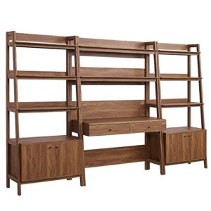 modway bixby 3-piece home office desk and bookshelf display case in walnut