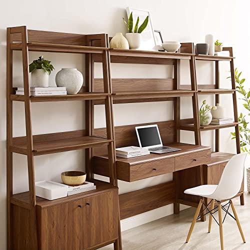 Modway Bixby 3-Piece Home Office Desk and Bookshelf Display Case in Walnut