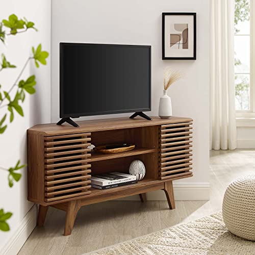 Modway Render Mid-Century Modern Low Profile Corner Media TV Stand in Wal, 15 x 46 x 23