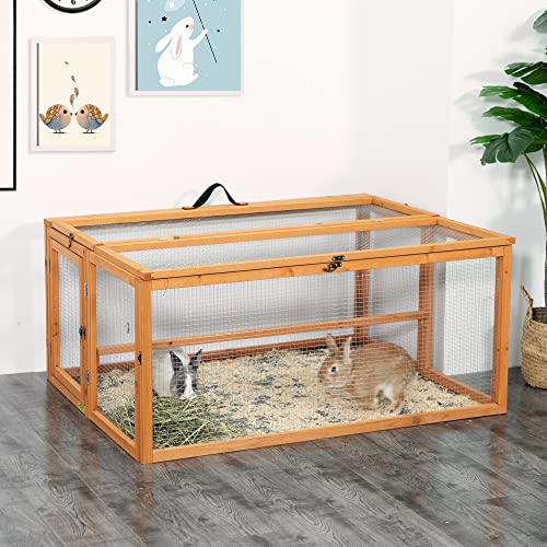 COZIWOW Wooden Rabbit Hutch Chicken Coop, Small Animal Chicken Pen Habitat with Roosting Bar, Portable Folding Bunny Cage Run, Orange