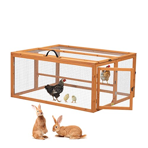 COZIWOW Wooden Rabbit Hutch Chicken Coop, Small Animal Chicken Pen Habitat with Roosting Bar, Portable Folding Bunny Cage Run, Orange