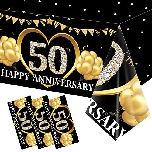 Eiurteao 3 Pack 50th Anniversary Tablecloth Decorations, Black Gold Happy 50th Wedding Anniversary Table Cover Party Supplies, Fifty Years Anniversary Plastic Disposable Rectangular Table Cloth Decor