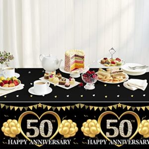 Eiurteao 3 Pack 50th Anniversary Tablecloth Decorations, Black Gold Happy 50th Wedding Anniversary Table Cover Party Supplies, Fifty Years Anniversary Plastic Disposable Rectangular Table Cloth Decor