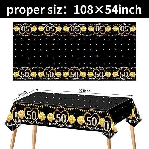 Eiurteao 3 Pack 50th Anniversary Tablecloth Decorations, Black Gold Happy 50th Wedding Anniversary Table Cover Party Supplies, Fifty Years Anniversary Plastic Disposable Rectangular Table Cloth Decor