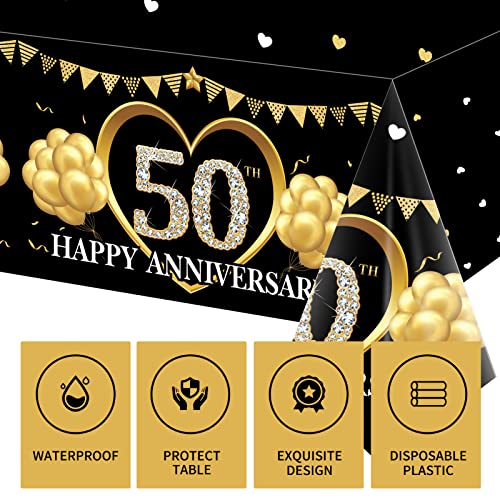 Eiurteao 3 Pack 50th Anniversary Tablecloth Decorations, Black Gold Happy 50th Wedding Anniversary Table Cover Party Supplies, Fifty Years Anniversary Plastic Disposable Rectangular Table Cloth Decor