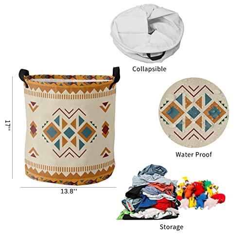 Southwest Large Laundry Basket, Waterproof Laundry Hamper for Baby Clothes, Western Orange Blue Geometric Ethnic Classic Art Foldable Laundry Baskets with Handles, 13.8''x17''