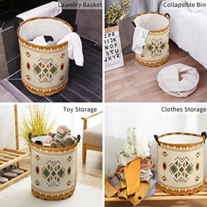 Southwest Large Laundry Basket, Waterproof Laundry Hamper for Baby Clothes, Western Orange Blue Geometric Ethnic Classic Art Foldable Laundry Baskets with Handles, 13.8''x17''