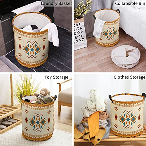 Southwest Large Laundry Basket, Waterproof Laundry Hamper for Baby Clothes, Western Orange Blue Geometric Ethnic Classic Art Foldable Laundry Baskets with Handles, 13.8''x17''