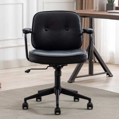 LukeAlon Adjustable Pu Leather Office Chair, Comfy 360° Swivel Task Chair with Armrest Modern Thickened Seat Desk Chair Tiltable Computer Chair with Button Tufted for Home Office, Black