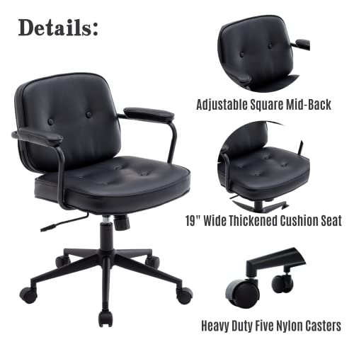 LukeAlon Adjustable Pu Leather Office Chair, Comfy 360° Swivel Task Chair with Armrest Modern Thickened Seat Desk Chair Tiltable Computer Chair with Button Tufted for Home Office, Black