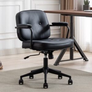 LukeAlon Adjustable Pu Leather Office Chair, Comfy 360° Swivel Task Chair with Armrest Modern Thickened Seat Desk Chair Tiltable Computer Chair with Button Tufted for Home Office, Black