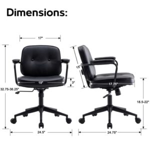 LukeAlon Adjustable Pu Leather Office Chair, Comfy 360° Swivel Task Chair with Armrest Modern Thickened Seat Desk Chair Tiltable Computer Chair with Button Tufted for Home Office, Black