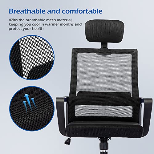 T-THREE. Adjustable headrest Office Chair Ergonomic Mesh Swivel Chair Office Chair Desk Chair Lumbar Support Height Adjustable 360°Swivel Rocking Function Mesh Back Seat for Home Office(Black)