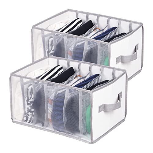 Univivi Extra Large Portable Pants Organizer Wardrobe Clothes Organizer for Jeans, Sweaters, T-Shirt, Underwear, Upgraded 7 Grids Jeans Organizer Bins Mesh Clothes Organizer - Set of 2