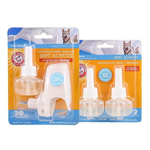 Arm & Hammer Air Care Pet Scents Electric Oil Diffuser Plug-in & Refills Bundle in Fresh Breeze Scent | Includes 1 Plug in Oil Diffuser and 3 Oil Refills | Pet Odor Eliminator