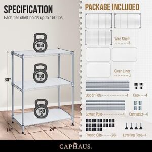 CAPHAUS NSF Adjustable Shelves Metal Wire Shelving Unit w/Liners, Kitchen Storage Shelving, Metal Steel Storage Shelving, Garage Shelving Storage Organizer, Utility Shelf, 3-Tier No Wheels, Silver