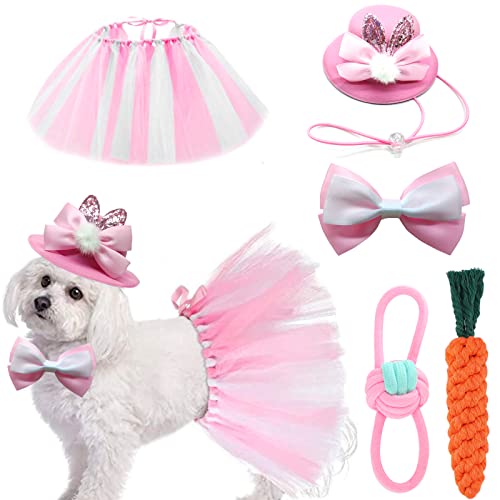 Dog Easter Costume 5Pack Cute Rabbit Ears Hat Pink Dress Bunny Easter Day Clothes Puppy Carrot Toy Kit Bowtie Collar Bunny Outfits for Medium Pet Easter Accessory Birthday Wedding Apperal